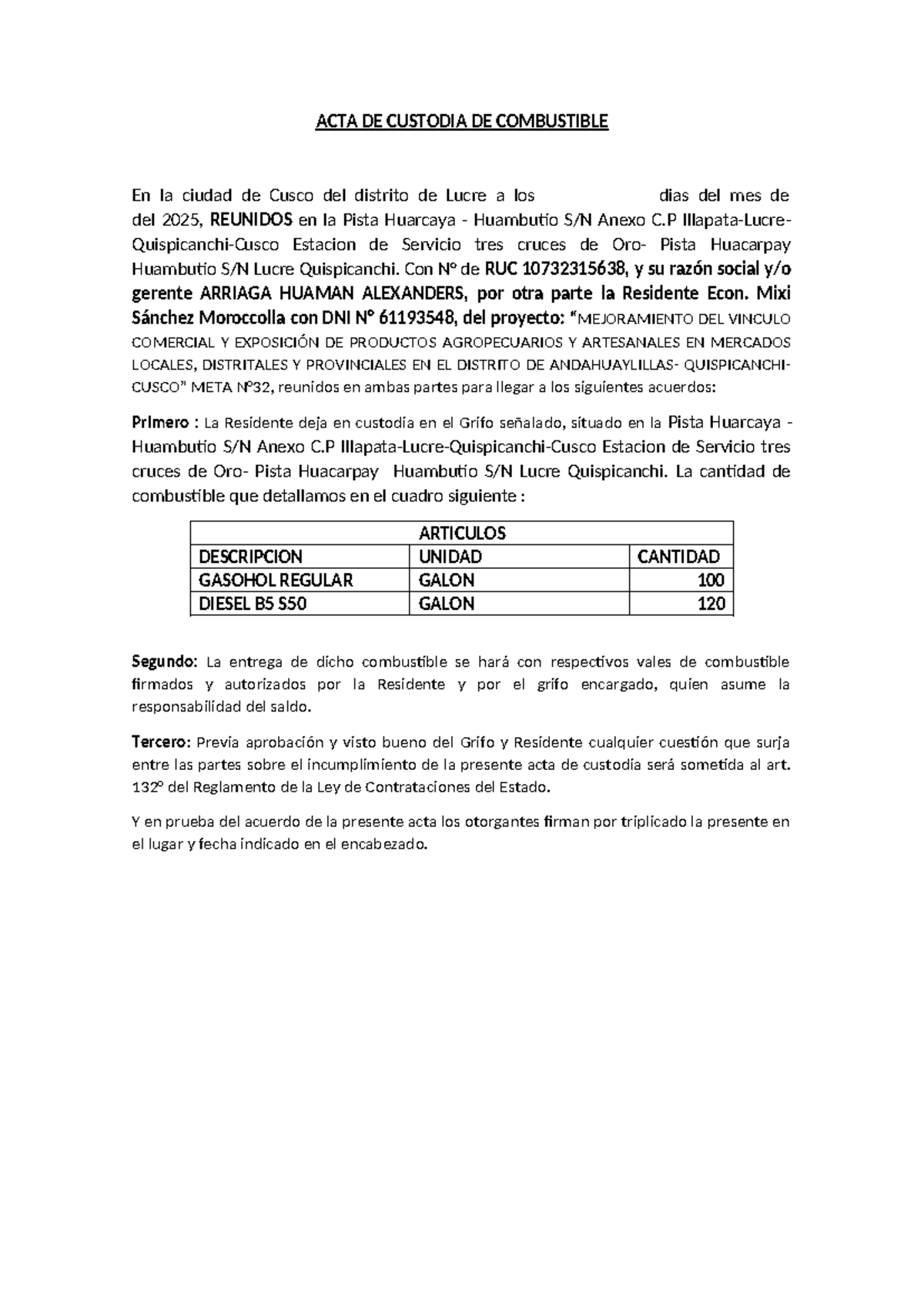 ACTA DE CUSTODIA DE COMBUSTIBLE - CUSCO 2025 - Studocu