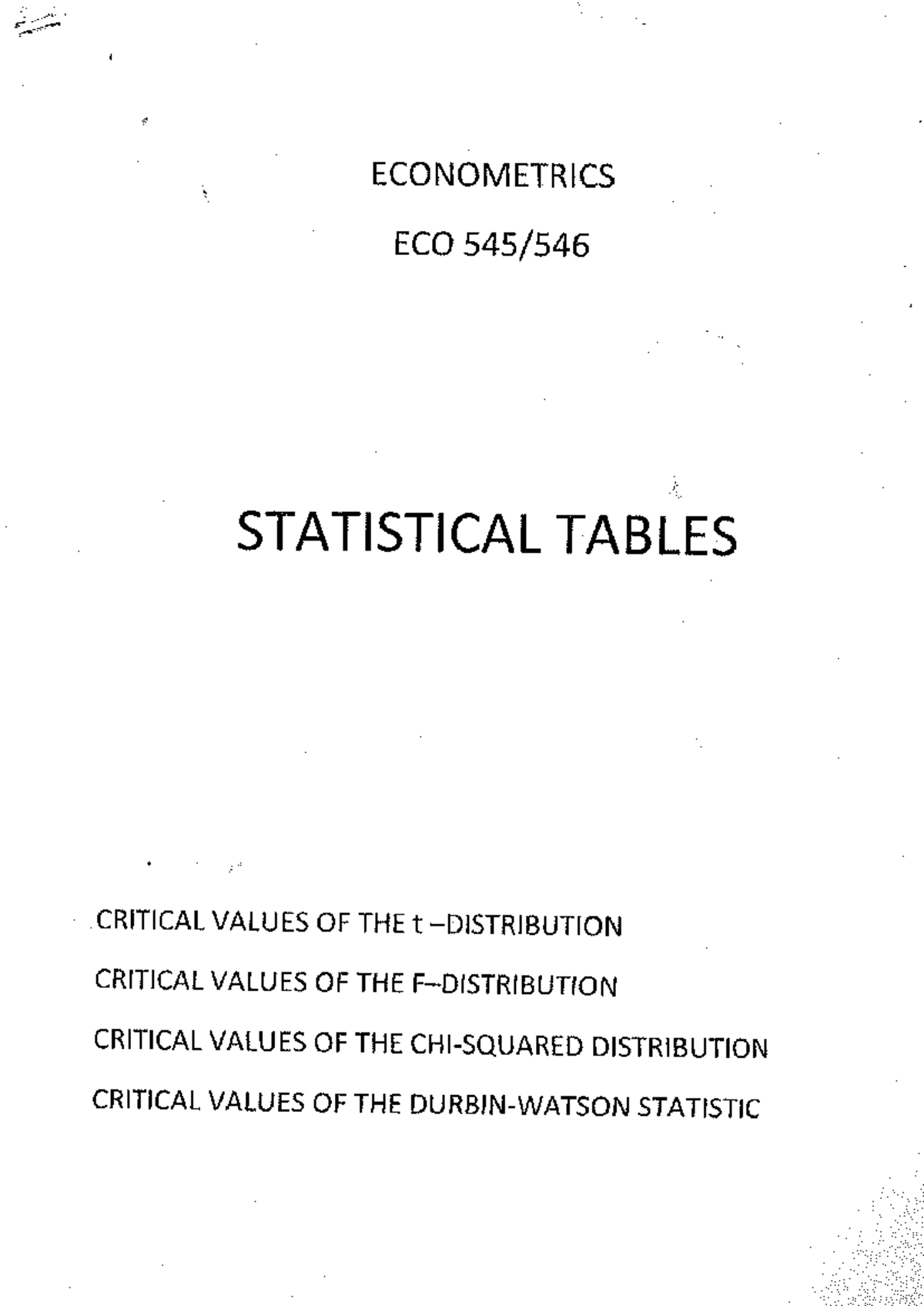 ECONOMETRICS ECO Statistical Tables: Critical Values of t & F - Studocu