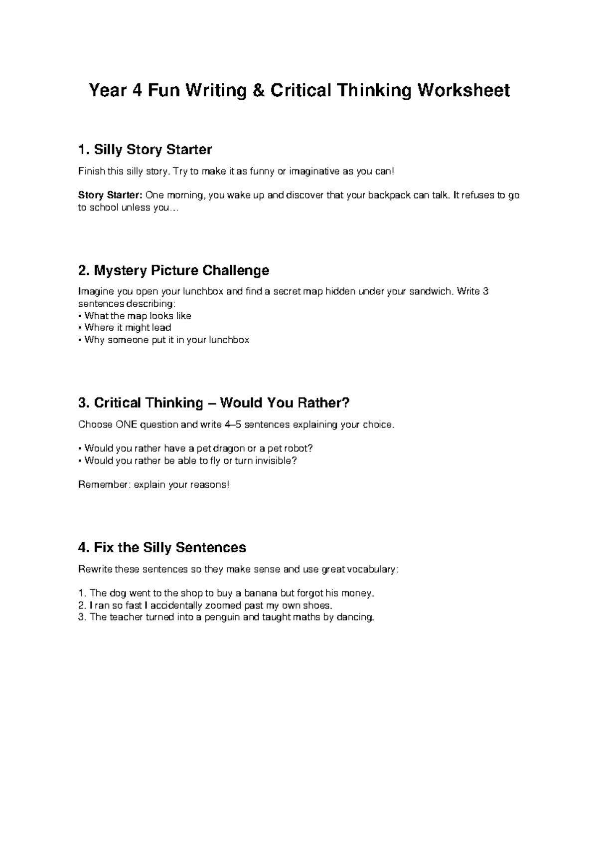 Year 4 Fun Writing Critical Thinking Worksheet - Studocu