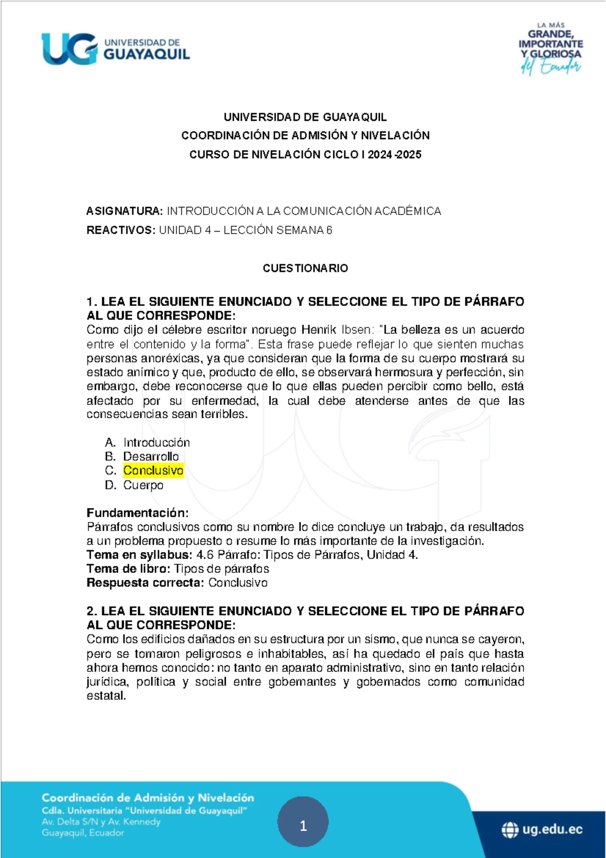 Lección-U2- Semana 4 - RESPUESTA A LAS PREGUNTAS - UNIVERSIDAD DE ...
