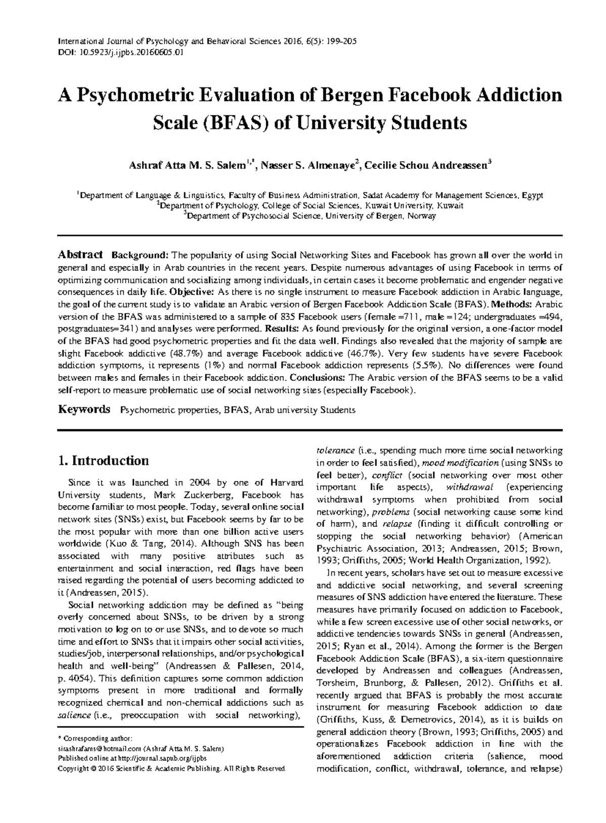 Bergan Facebook Addiction Scale - International Journal of Psychology ...
