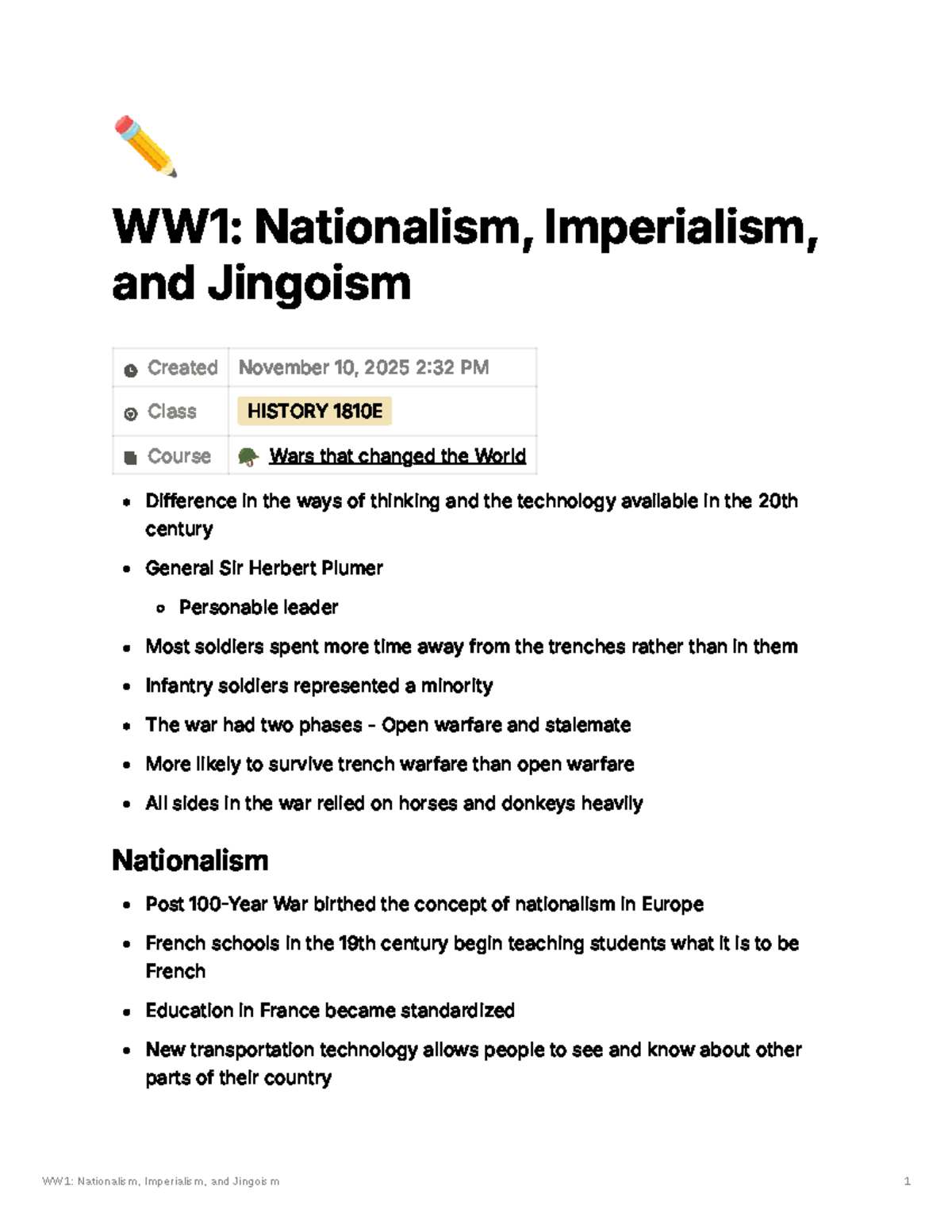 HISTORY 1810E: WW1 - Nationalism, Imperialism, and Jingoism - Studocu
