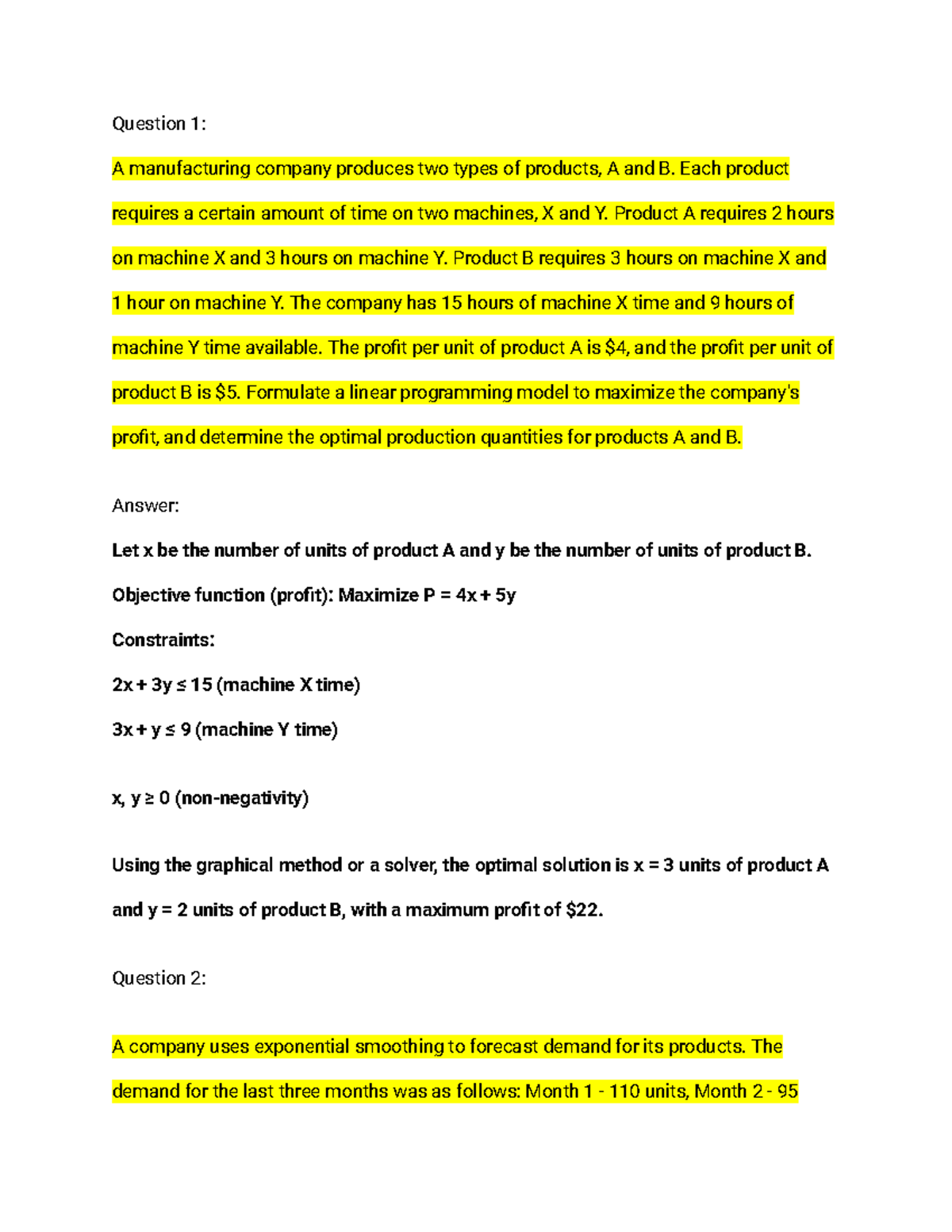 BUAD831 Problem Set: Linear Programming & Forecasting Techniques - Studocu