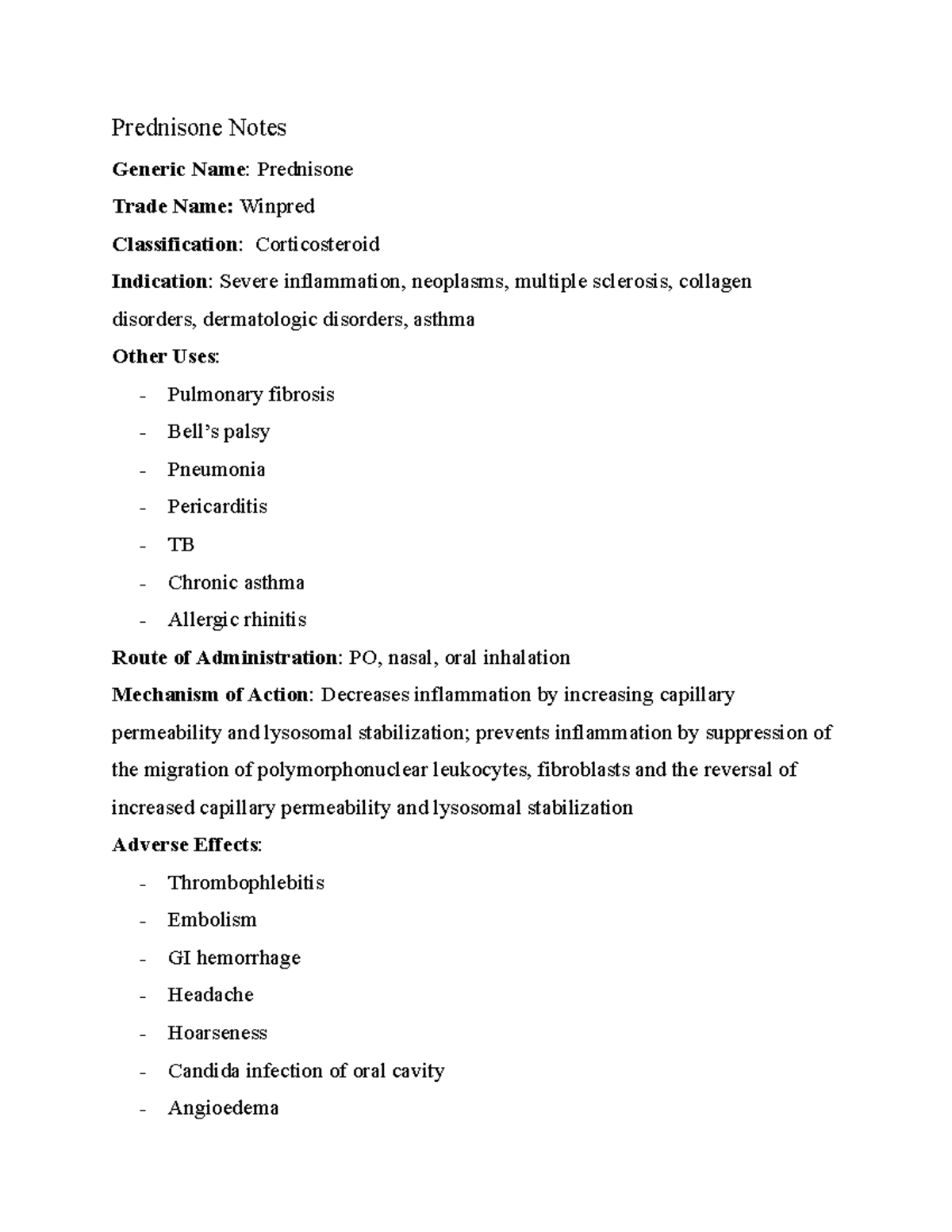 Pharmacology notes - Prednisone Notes Generic Name: Prednisone Trade ...