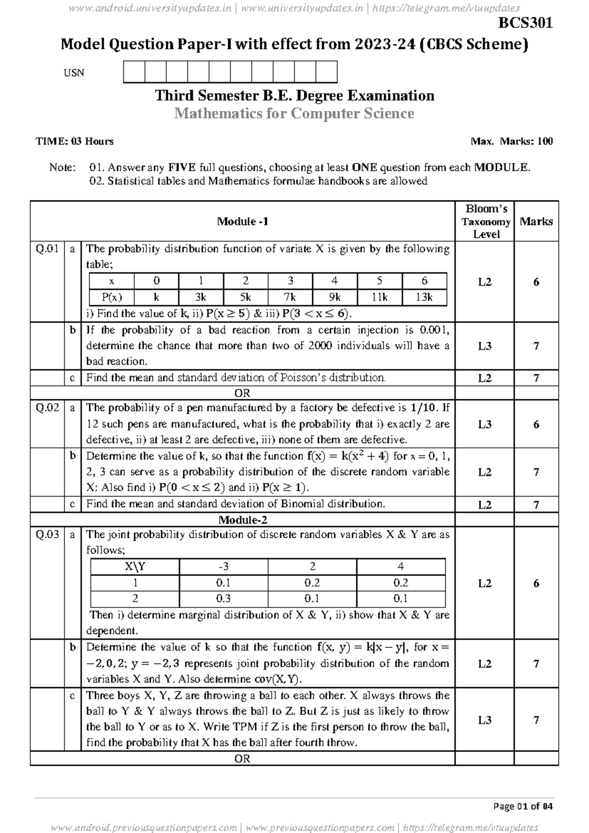 BCS301 - Model Question Paper-I for Mathematics Exam 2023-24 - Studocu