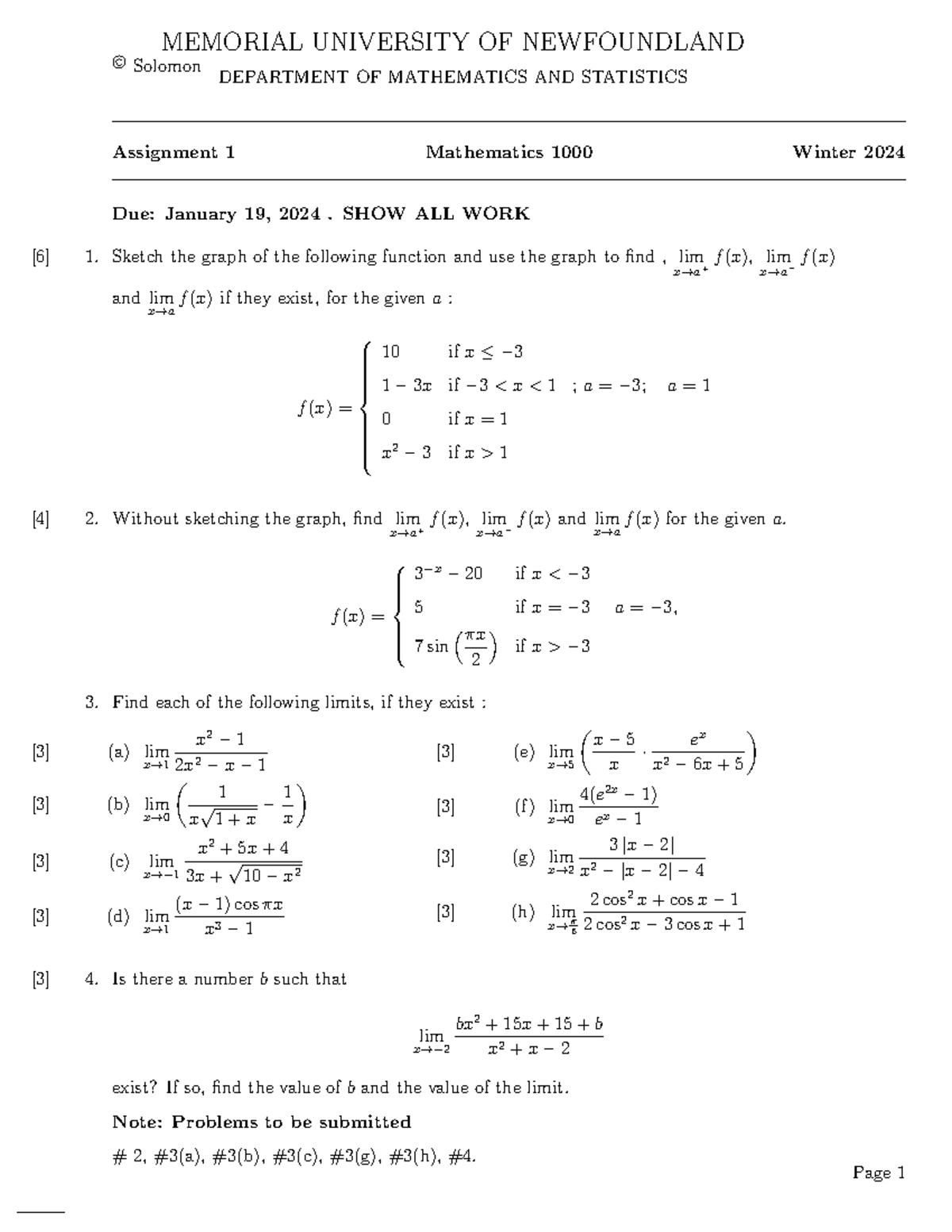 Assn1W24 - These are the assignments for MATH 1000 - © Solomon MEMORIAL ...