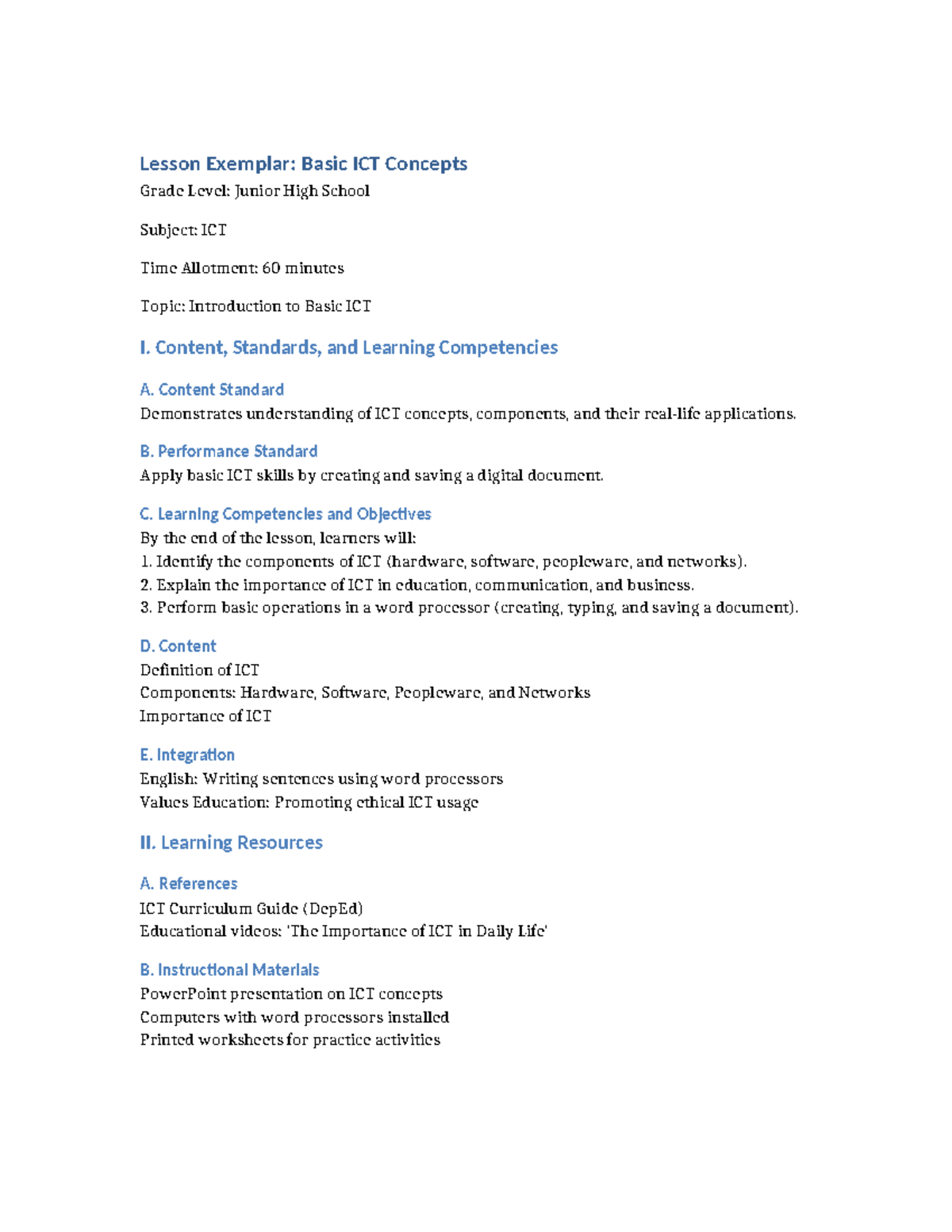 Basic ICT Lesson Exemplar for Junior High School (ICT 101) - Studocu
