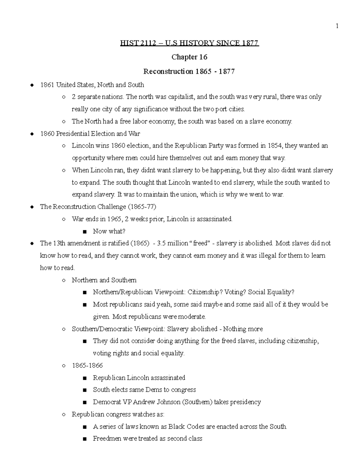 HIST 2112 Notes: Key Concepts from Chapters 16-18 on Reconstruction and ...
