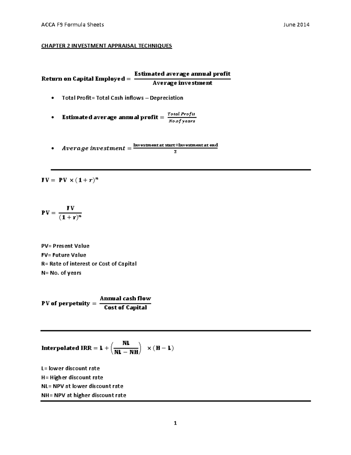 F9 formula list - ACCA - Studocu