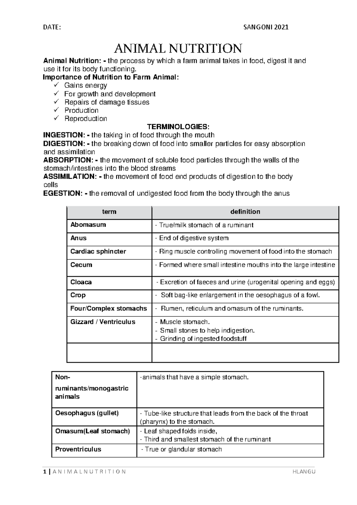 Animal Nutrition Overview: Key Processes and Functions (AGRI 2021 ...