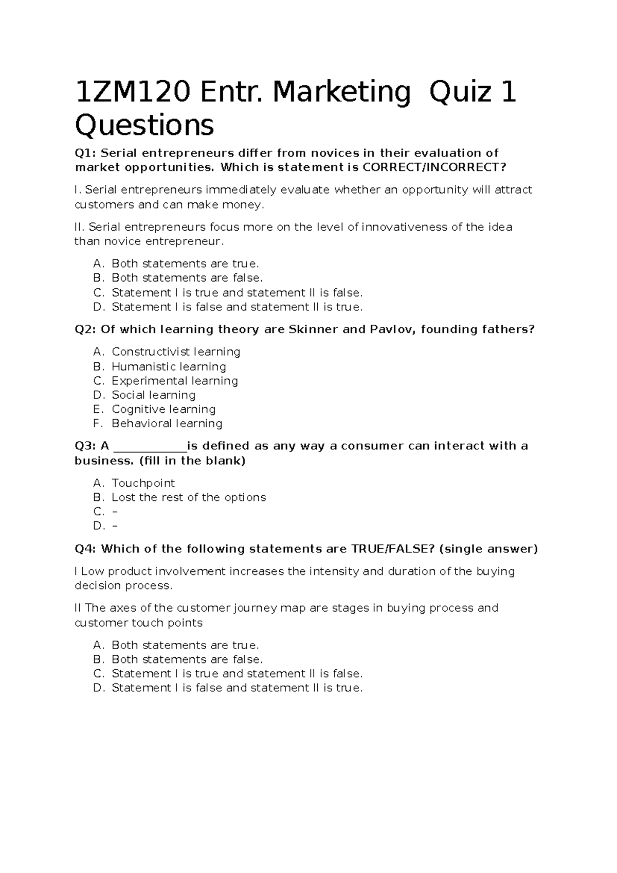1ZM120 Entrepreneurial Marketing Quiz 1: Questions and Answers ...