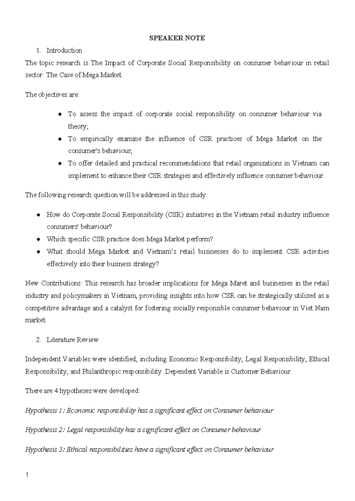 Speaker note RP - SPEAKER NOTE 1. Introduction The topic research is ...
