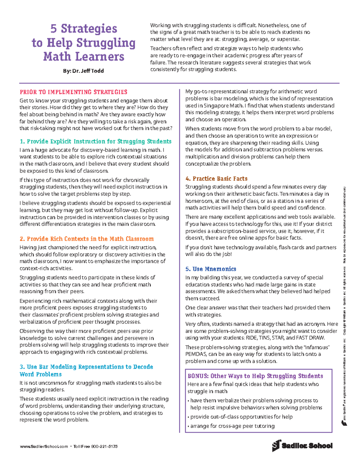 Strategies for Supporting Struggling Math Learners Tip Sheet - Studocu