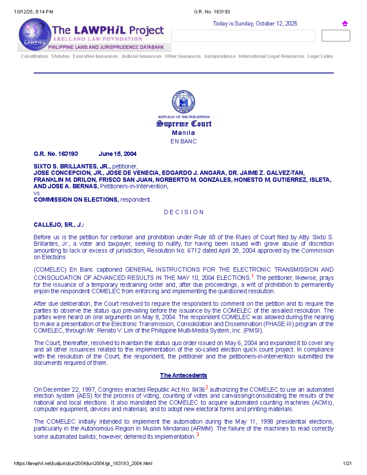 Brillantes v. Comelec: G.R. No. 163193 Decision Analysis (June 15, 2004 ...