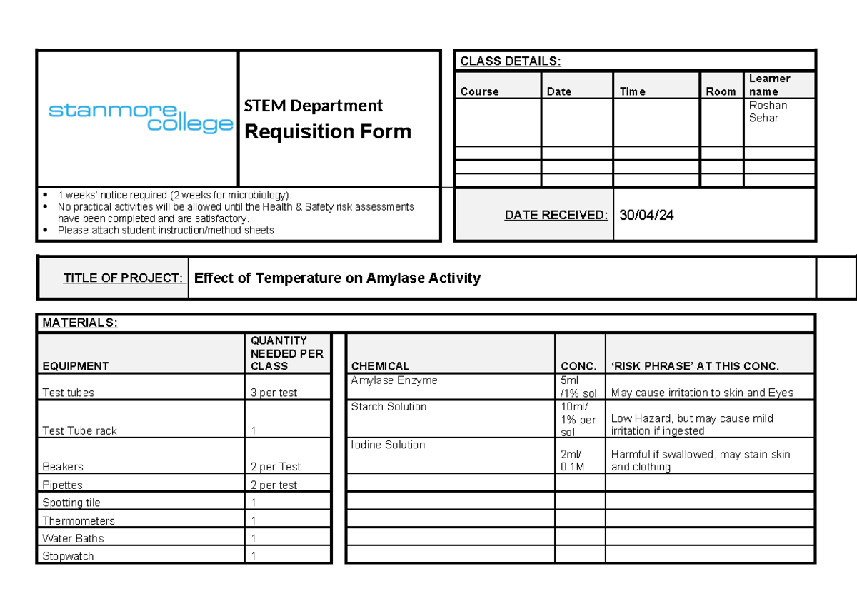 STEM 101: Risk Assessment for Amylase Activity Practical Lab - Studocu