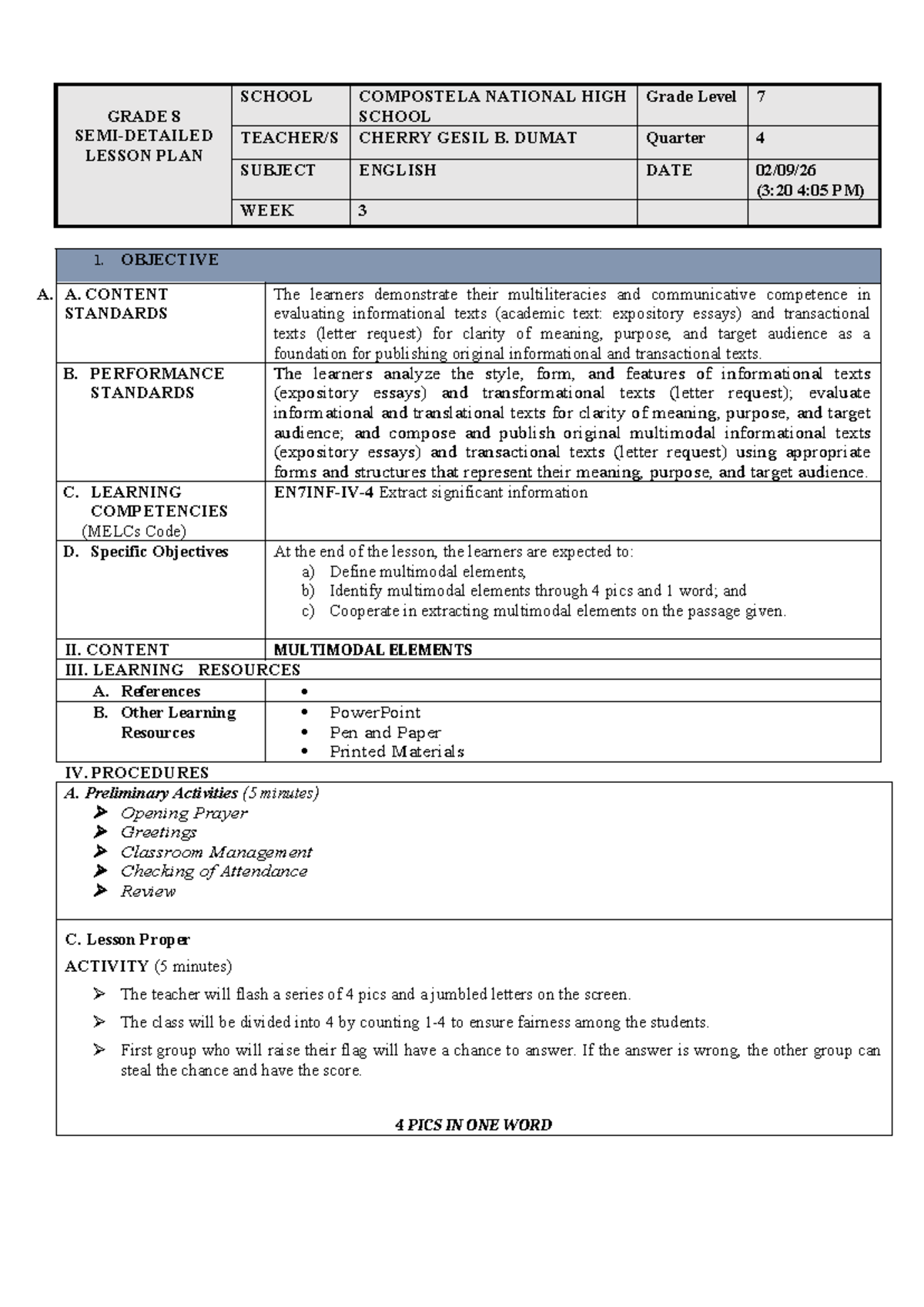 GRADE 8 ENGLISH LESSON PLAN: MULTIMODAL ELEMENTS (Q4) - Studocu