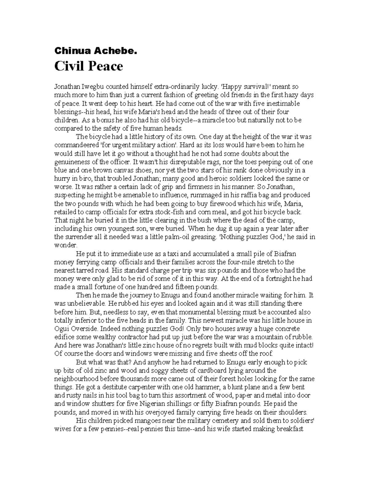 Chinua Achebe - Civil Peace: A Study of Resilience and Hope - Studocu