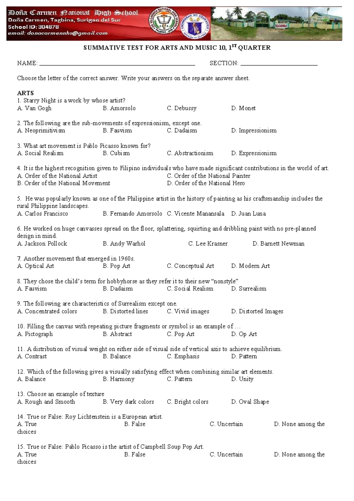 Summative Test for Arts and Music 10: 1st Quarter Assessment - Studocu