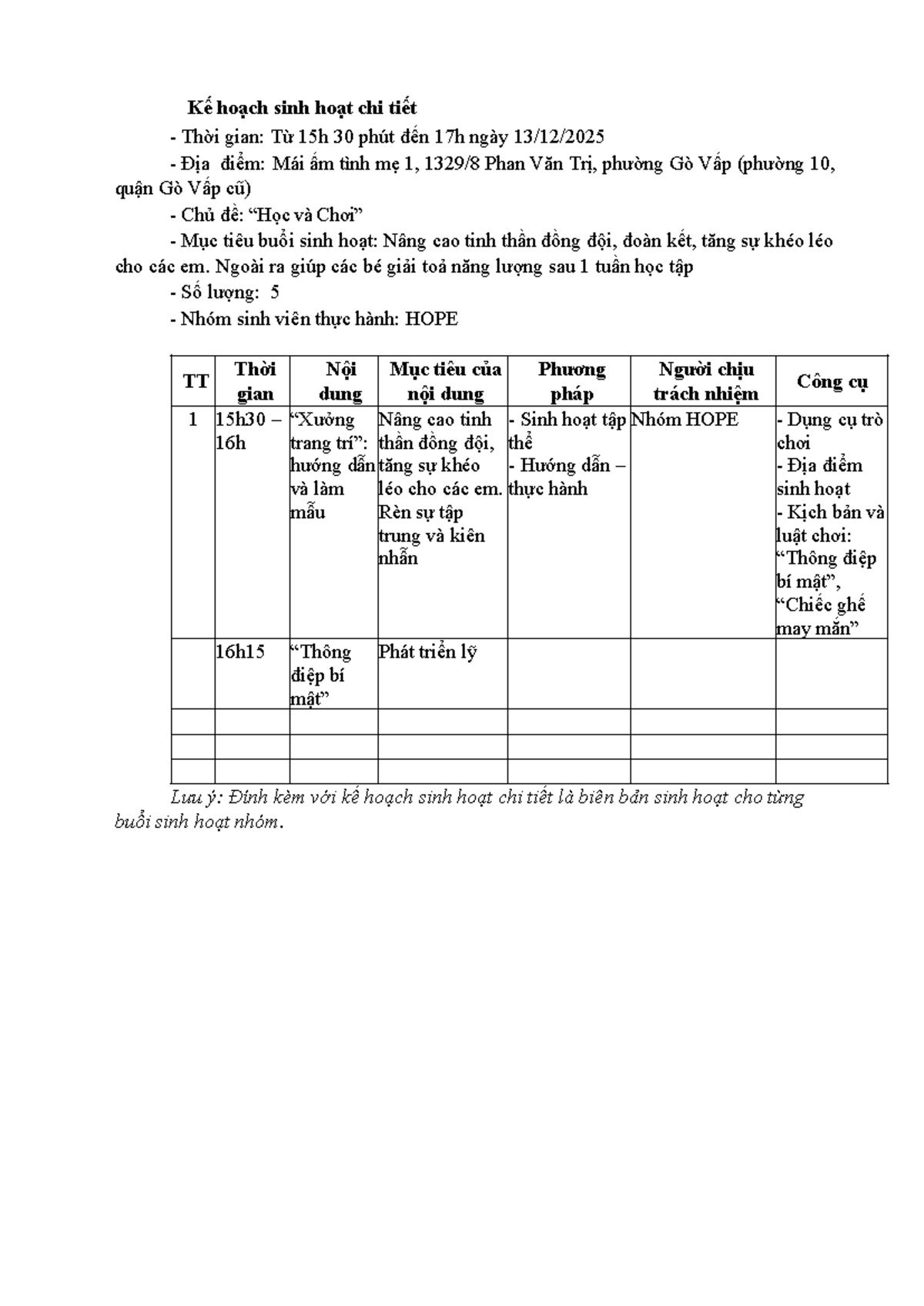 Mẫu Kế Hoạch Sinh Hoạt Chi Tiết - Nhóm HOPE - Studocu