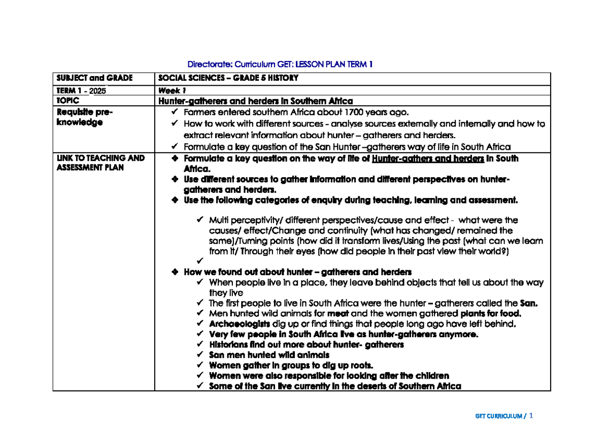 Lesson Plan IP Grade 5 SS History T1 W1 1 - Directorate: Curriculum GET ...