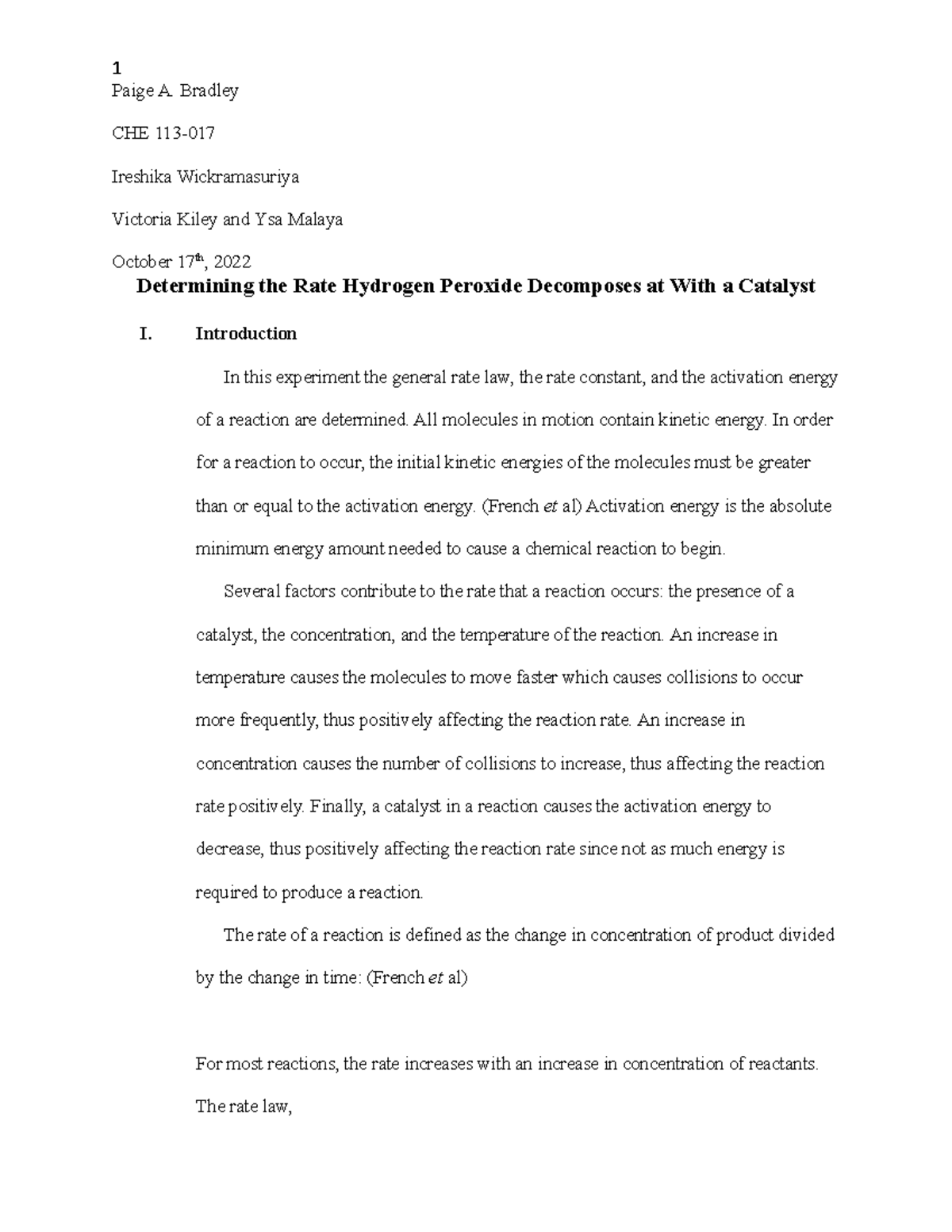 Experiment 14: Decomposition of Hydrogen Peroxide - Paige A. Bradley ...