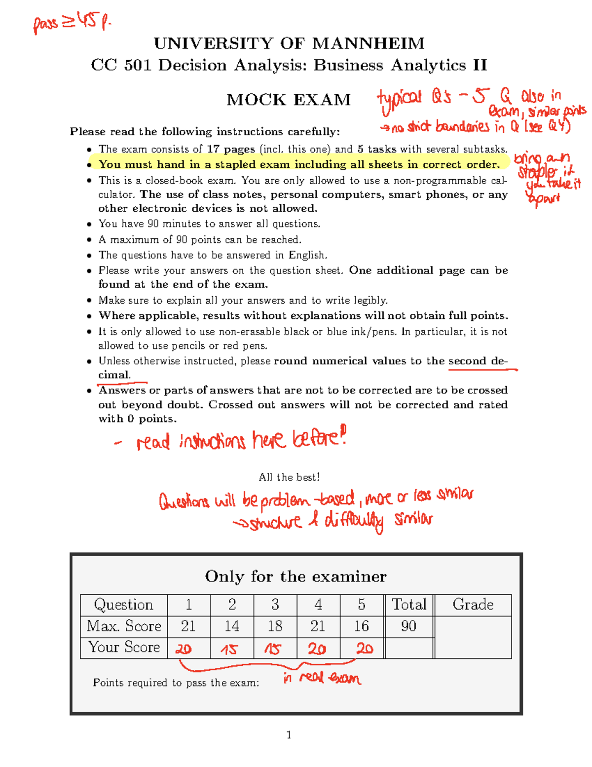 Mock Exam - CC 501 Decision Analysis: Business Analytics II WiSe24 ...