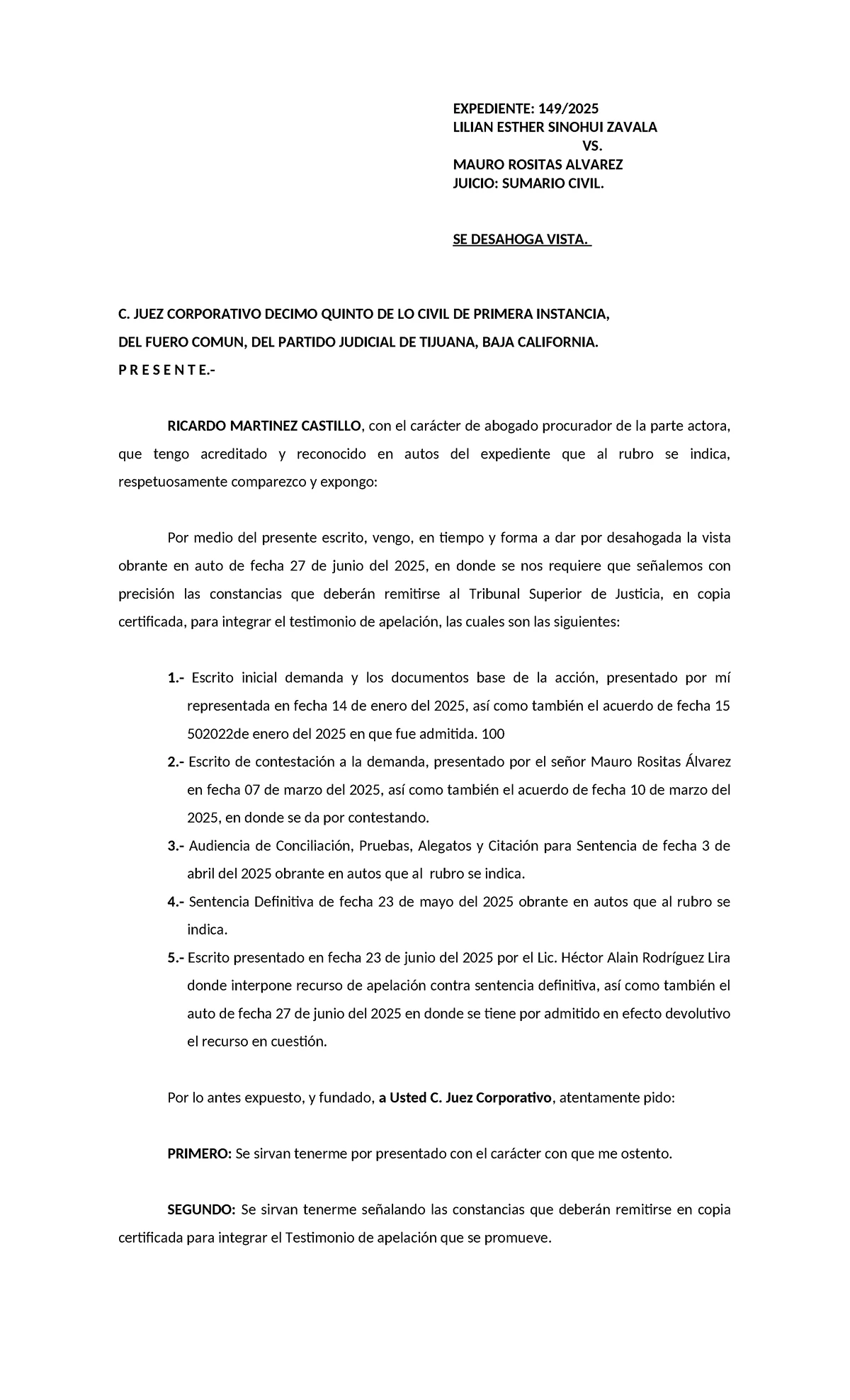 J15C 149-2025 Ejecución de Sentencia Definitiva: Lilian vs. Mauro - Studocu