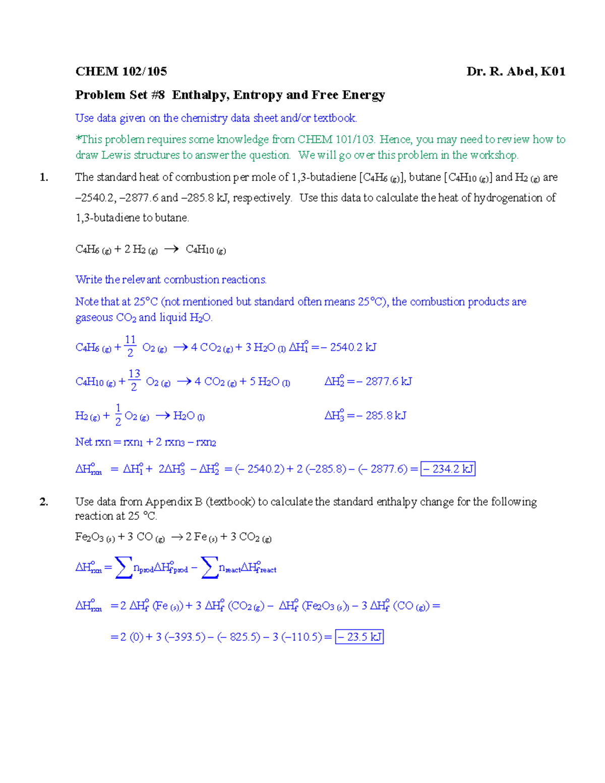 K01 CHEM Problem Set 8 Solutions: Enthalpy, Entropy & Free Energy - Studocu