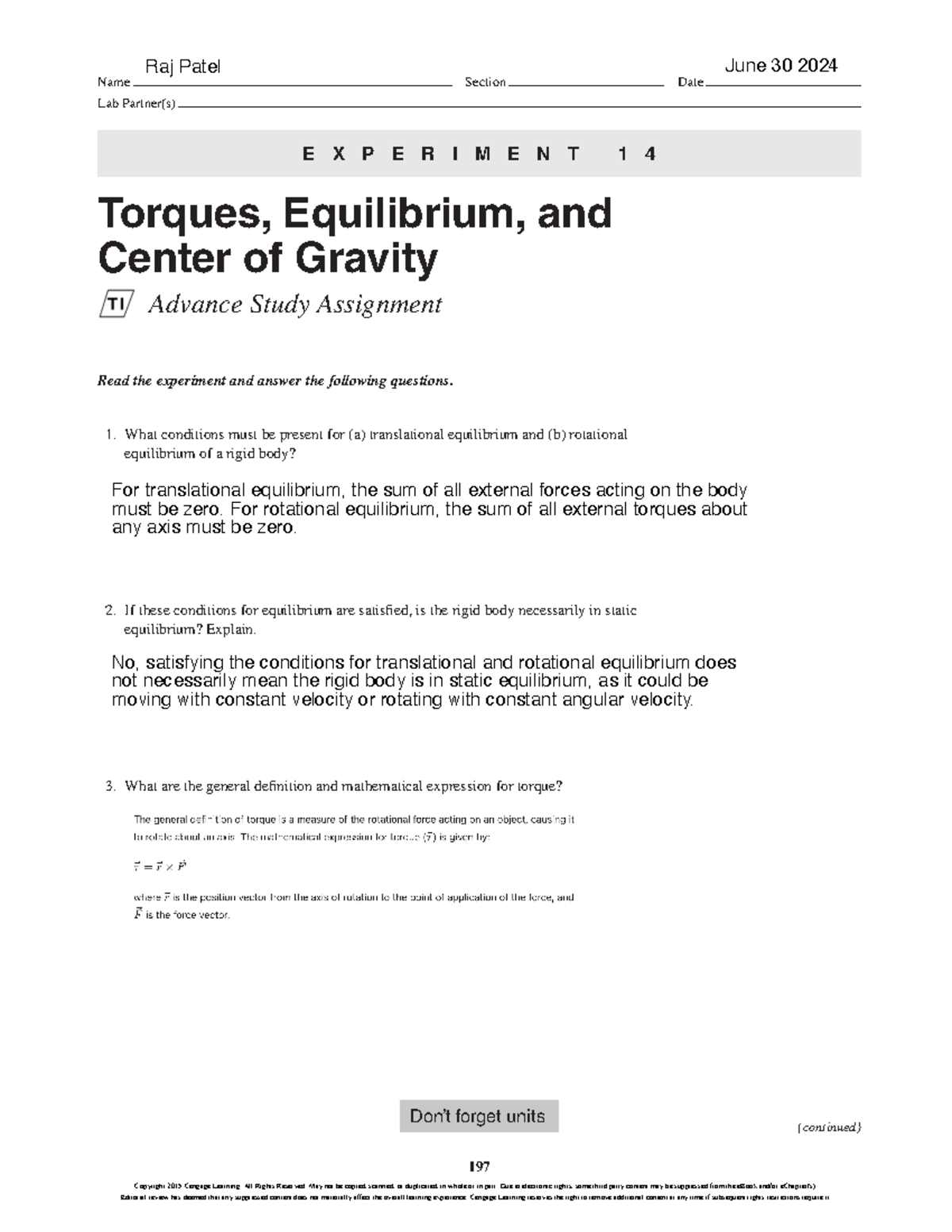 Experiment 14-1: Torques, Equilibrium & Center of Gravity Lab Report ...