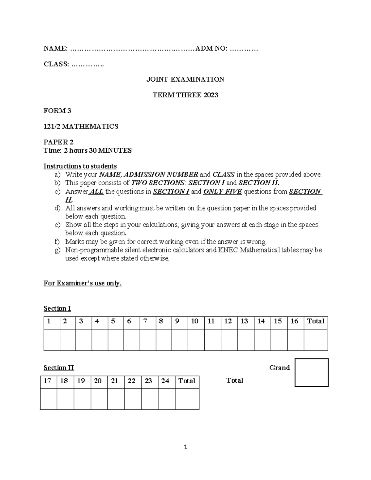 F3 Maths Term 3 Exam Paper 2 (PP2) - 2024 - Studocu