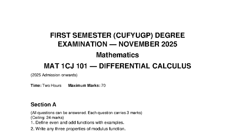 MAT1CJ101 First Semester Degree Exam Model QP - Differential Calculus ...
