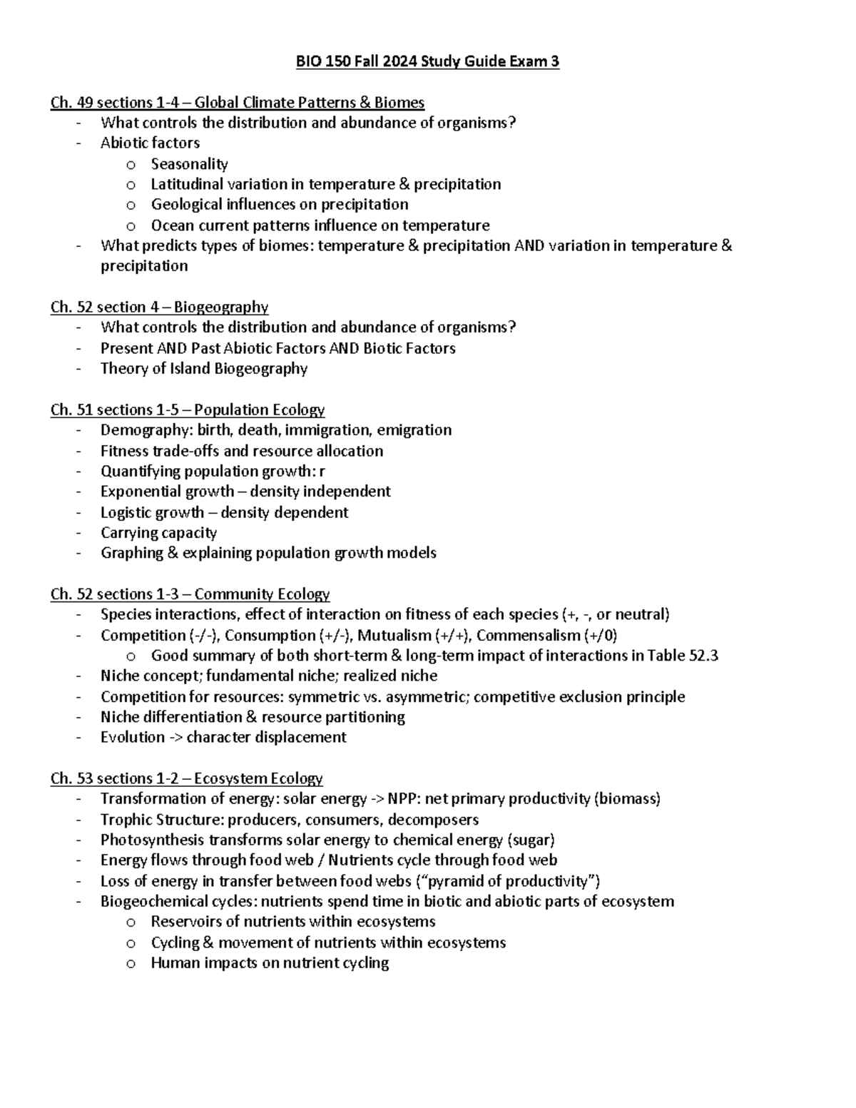 Bio150 Final Exam 3 Study Guide: Climate, Biomes & Ecology Concepts ...