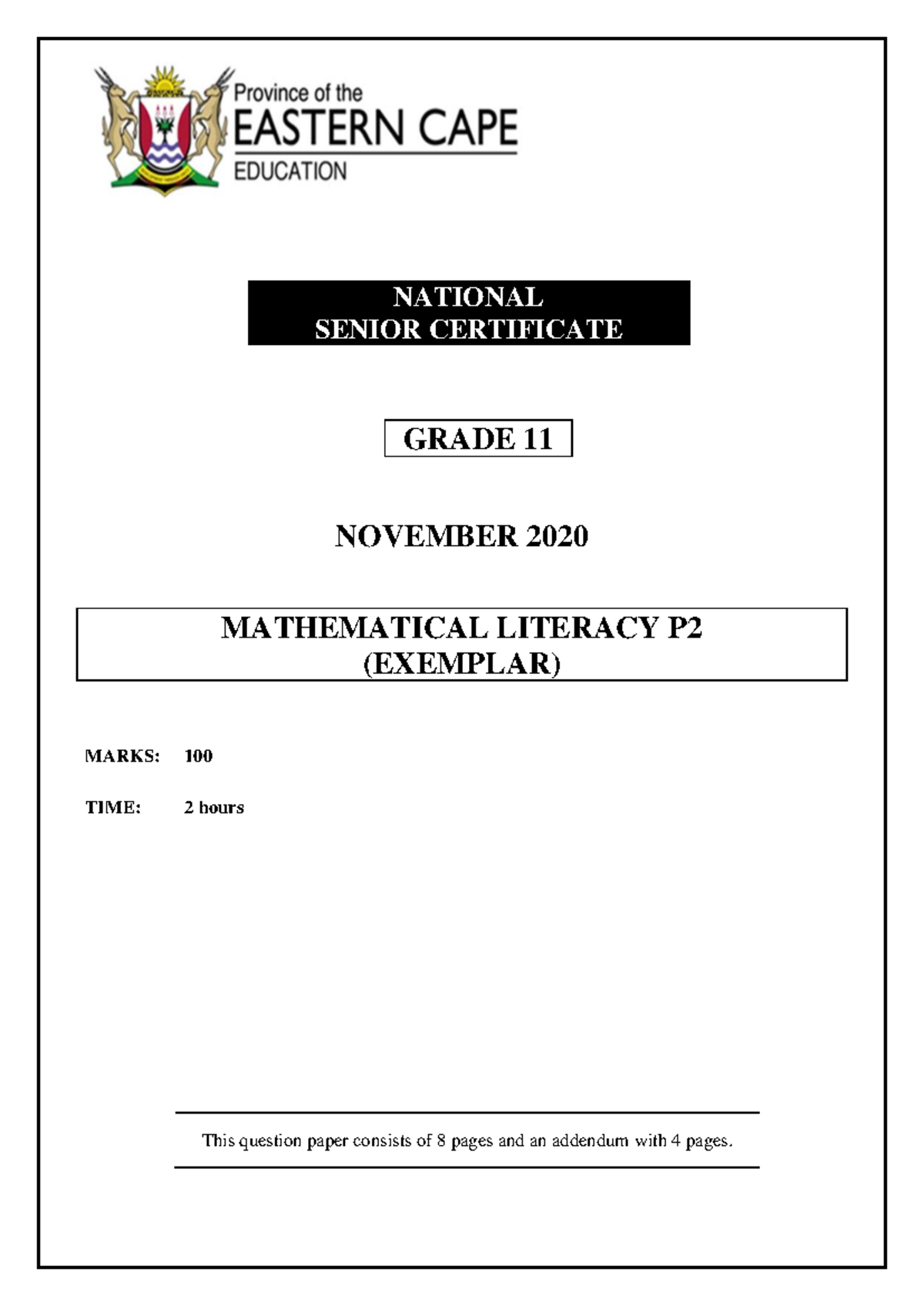 Maths-LIT-P2-Exemplar-GR11-NOV2020 Question Paper - Studocu