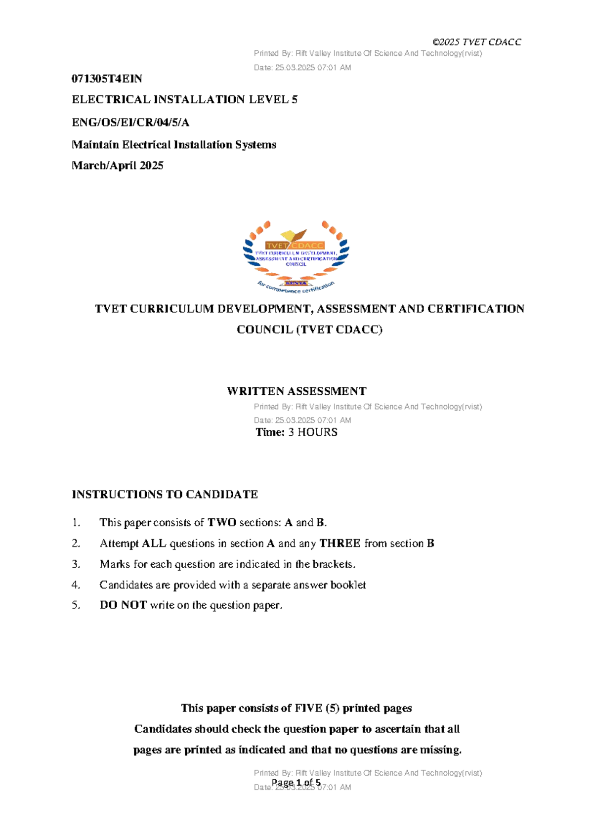 Maintain Electrical Installation Systems - Level 5 (071305T4EIN) - Studocu