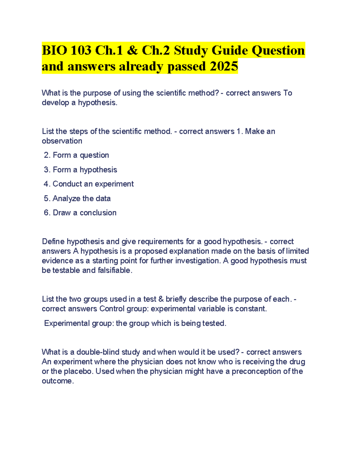 BIO 103 Ch.1 & Ch.2 Study Guide: Scientific Method & Key Concepts - Studocu