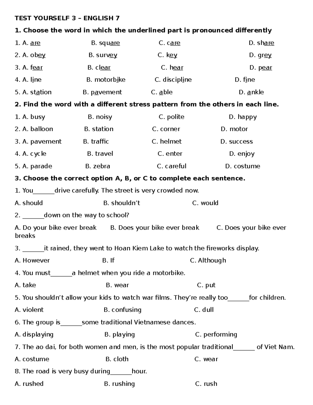 TEST YOURSELF 3 - ENGLISH 7: Pronunciation & Grammar Exercises - Studocu