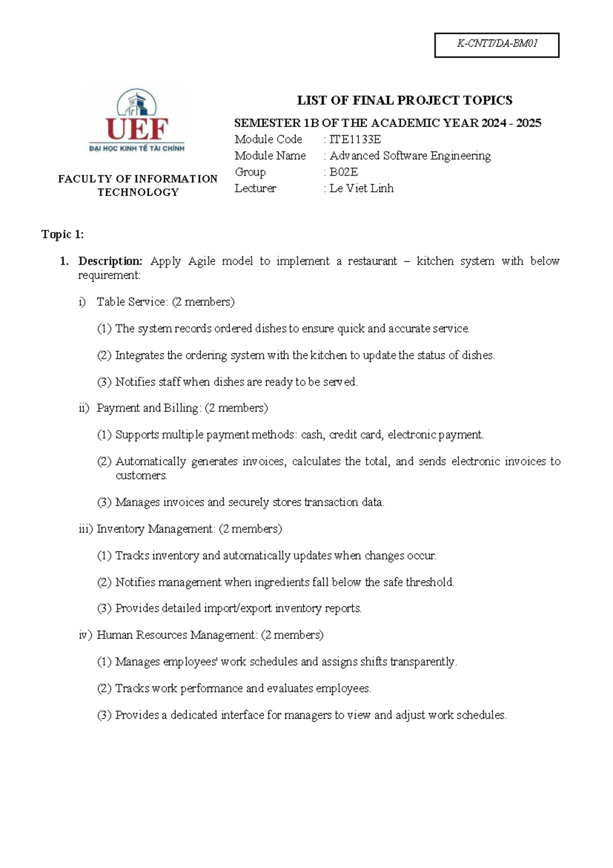 Final Project Topics for ITE1133E - Advanced Software Engineering B02E ...