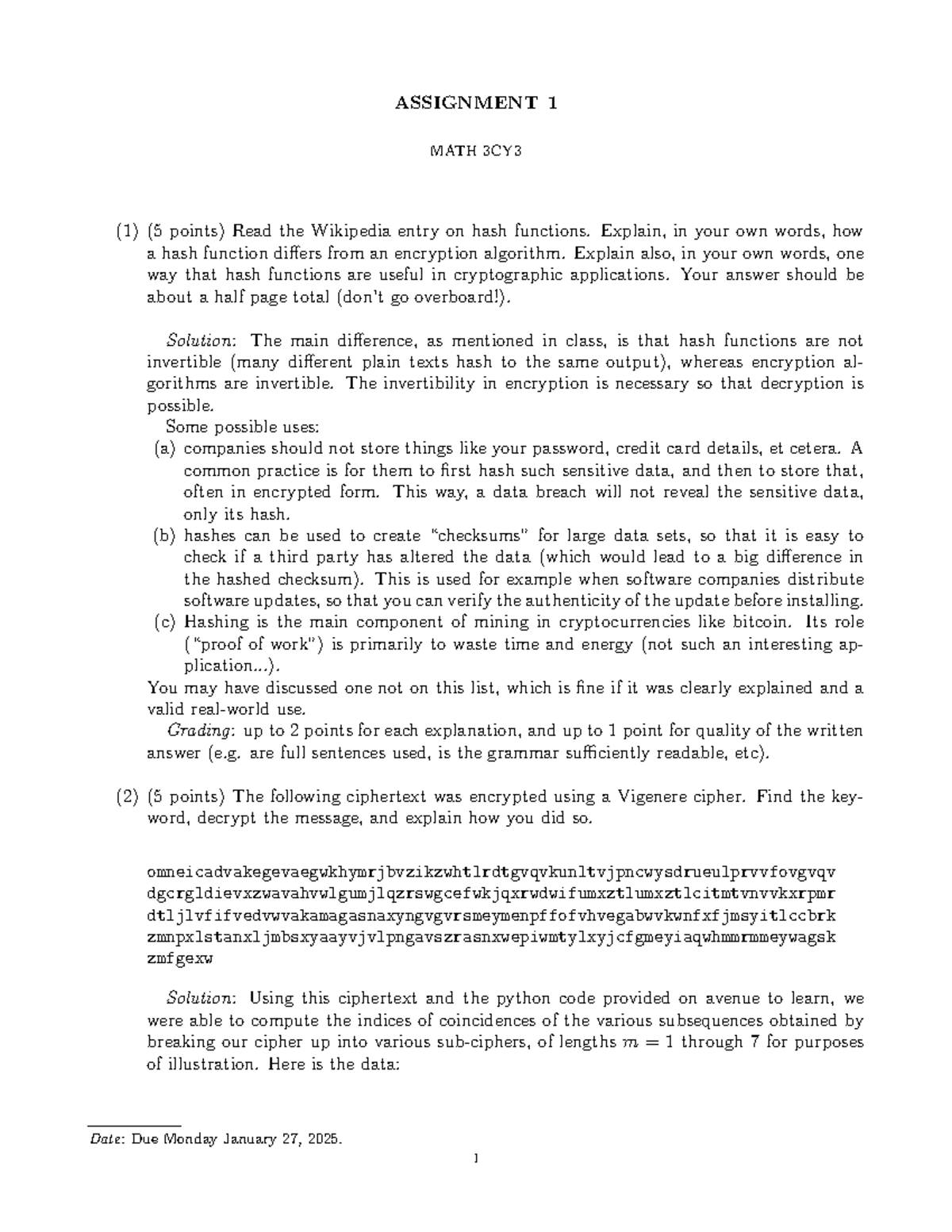 MATH 3CY3 Assignment 1 Solutions: Hash Functions & Ciphers - Studocu