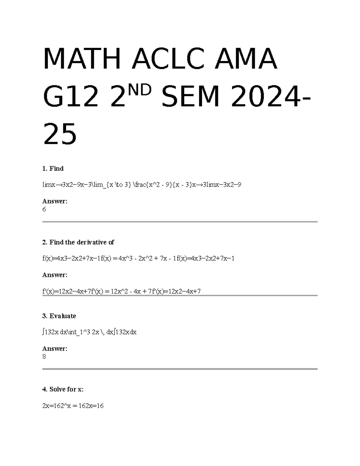 MATH ACLC AMA G12 2ND SEM 2024: Problem Solutions and Answers - Studocu