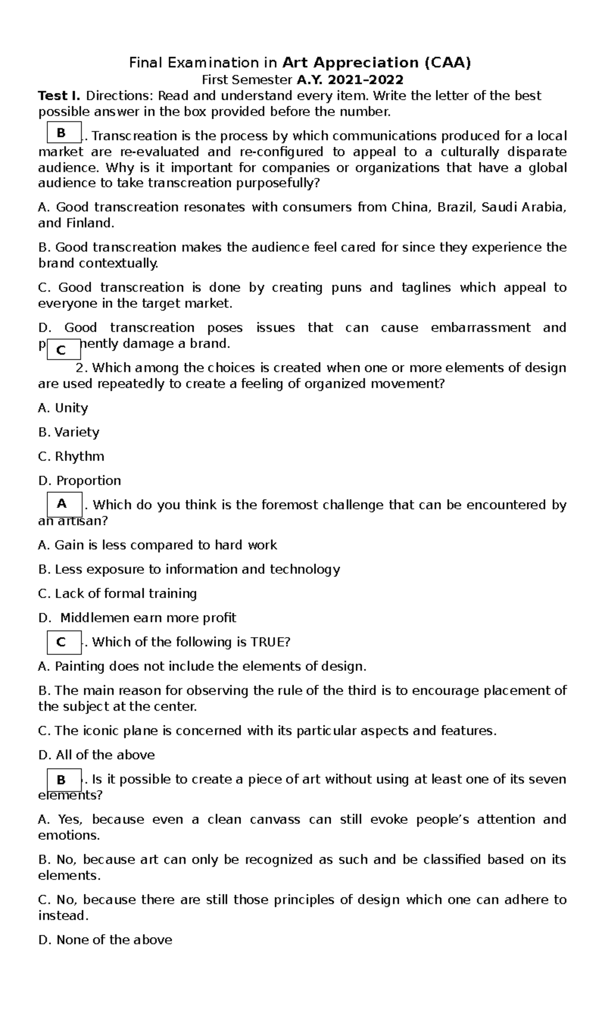 Final exam on Art appreciation - Final Examination in Art Appreciation ...