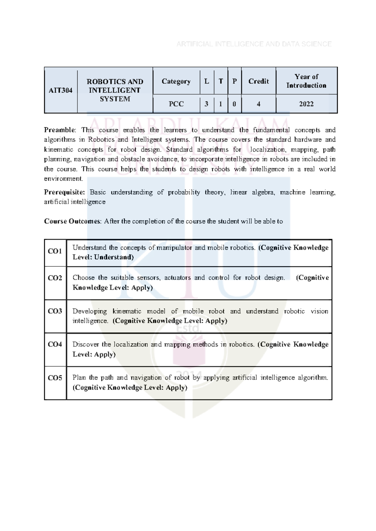 Robotics and Intelligent Systems Syllabus AIT304 - 2022 - Studocu