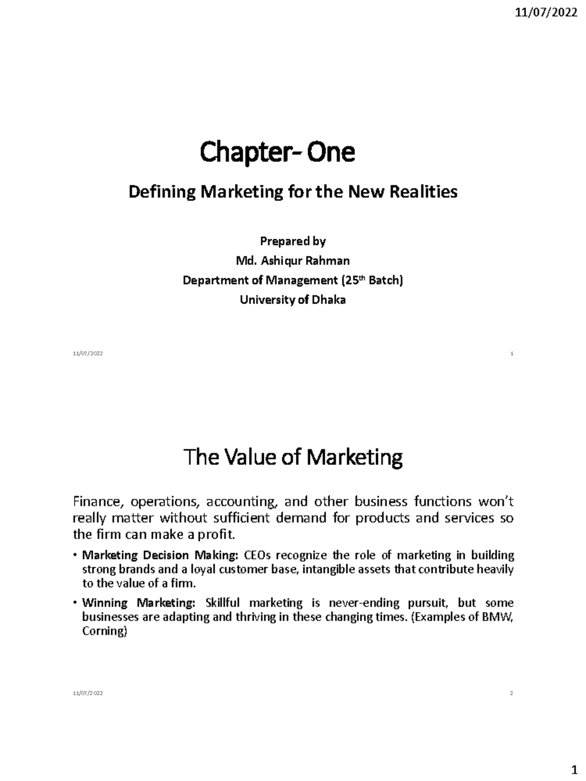 MM chapter 1 (pdf) - Defining Marketing for the New Realities. - Chapter- One Defining Marketing ...