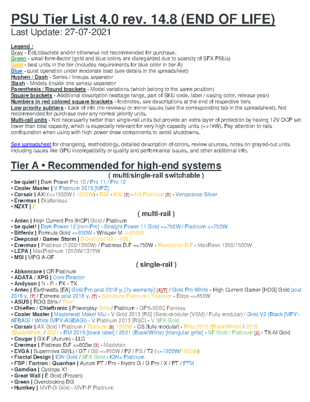 PSU Tier List 4 - Listado de categorias de PSUs en la PC master Race ...