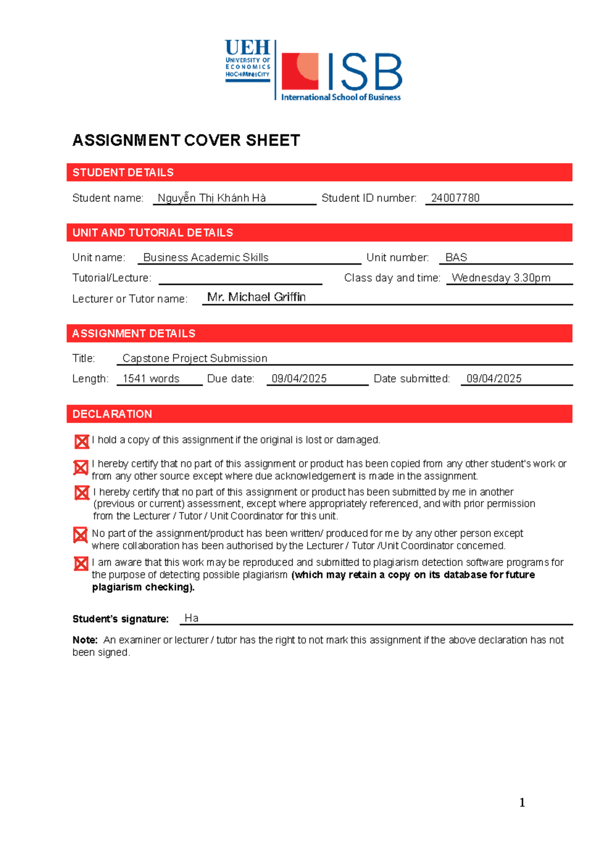 Capstone Project Submission Nguyễn Thị Khánh Hà - 24007780 BAS-T22425 PWB-2 - ASSIGNMENT COVER ...