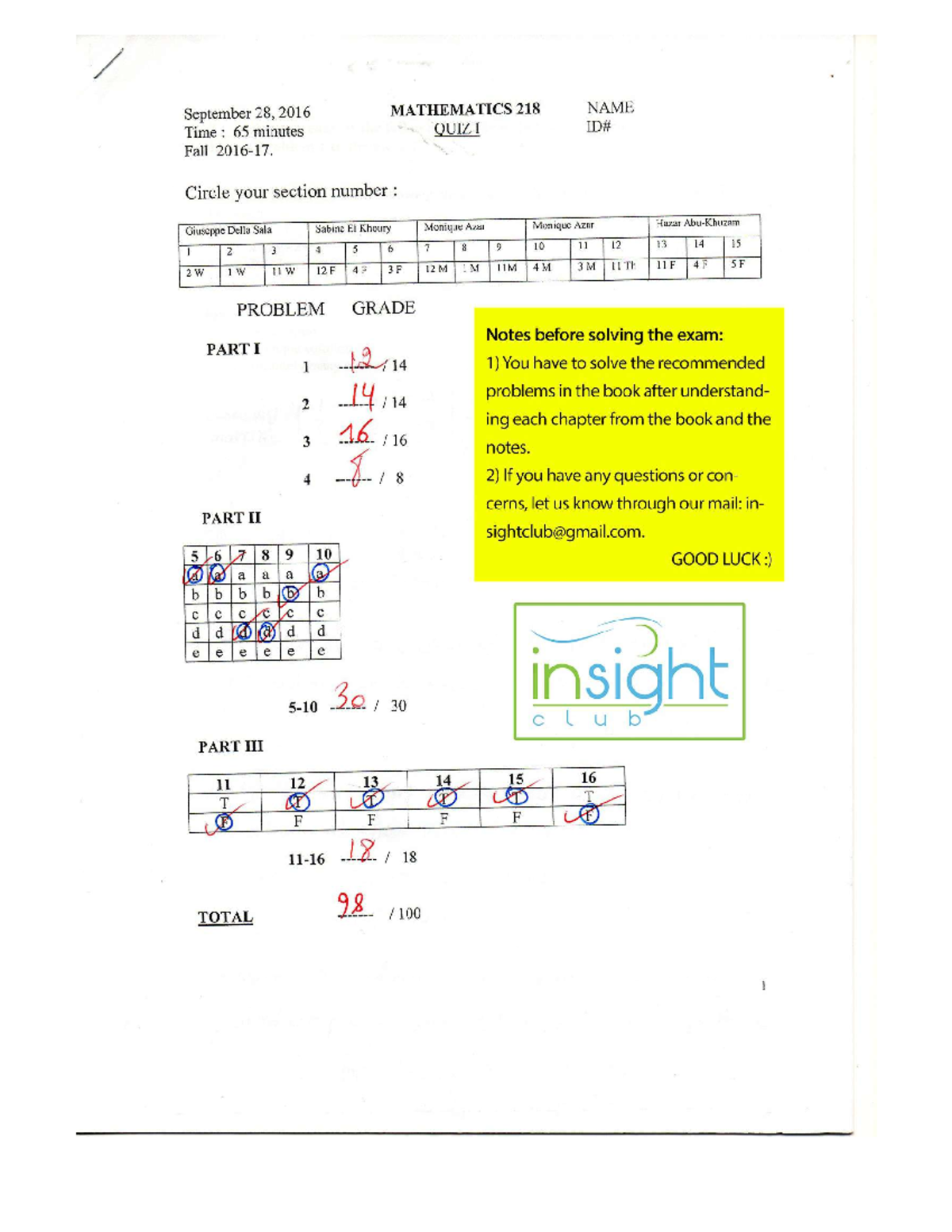 MATHEMATICS 218 Fall 2016 Quiz I - Problem Solving & Multiple Choice ...