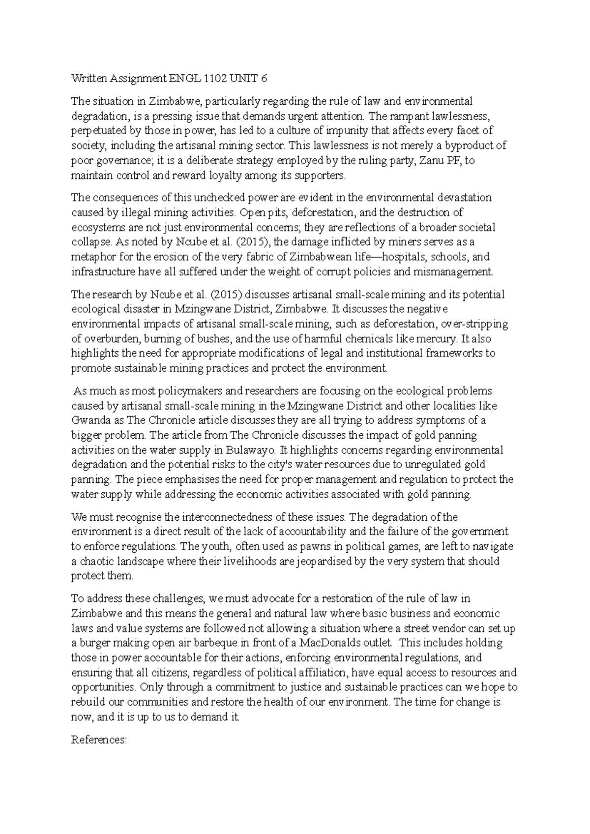 ENGL 1102 Written Assignment: Lawlessness & Environmental Issues in ...