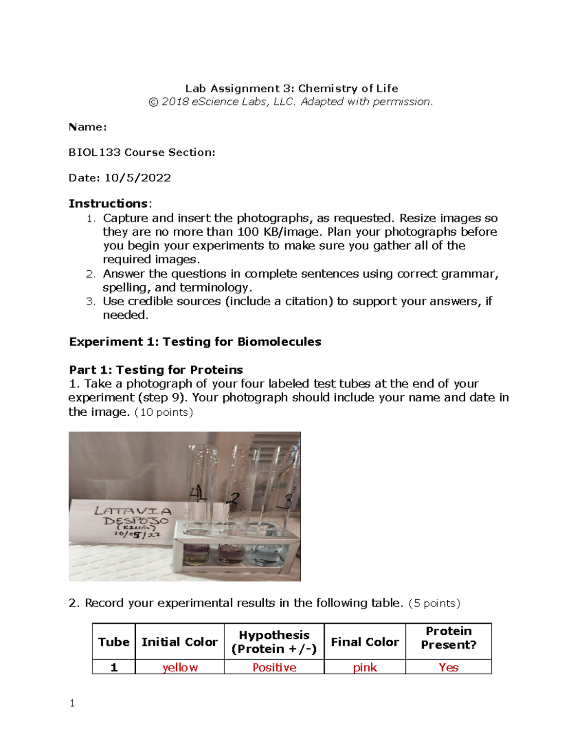 BIOL133 Lab Assg 3: Chemistry of Life - Testing Biomolecules - Studocu