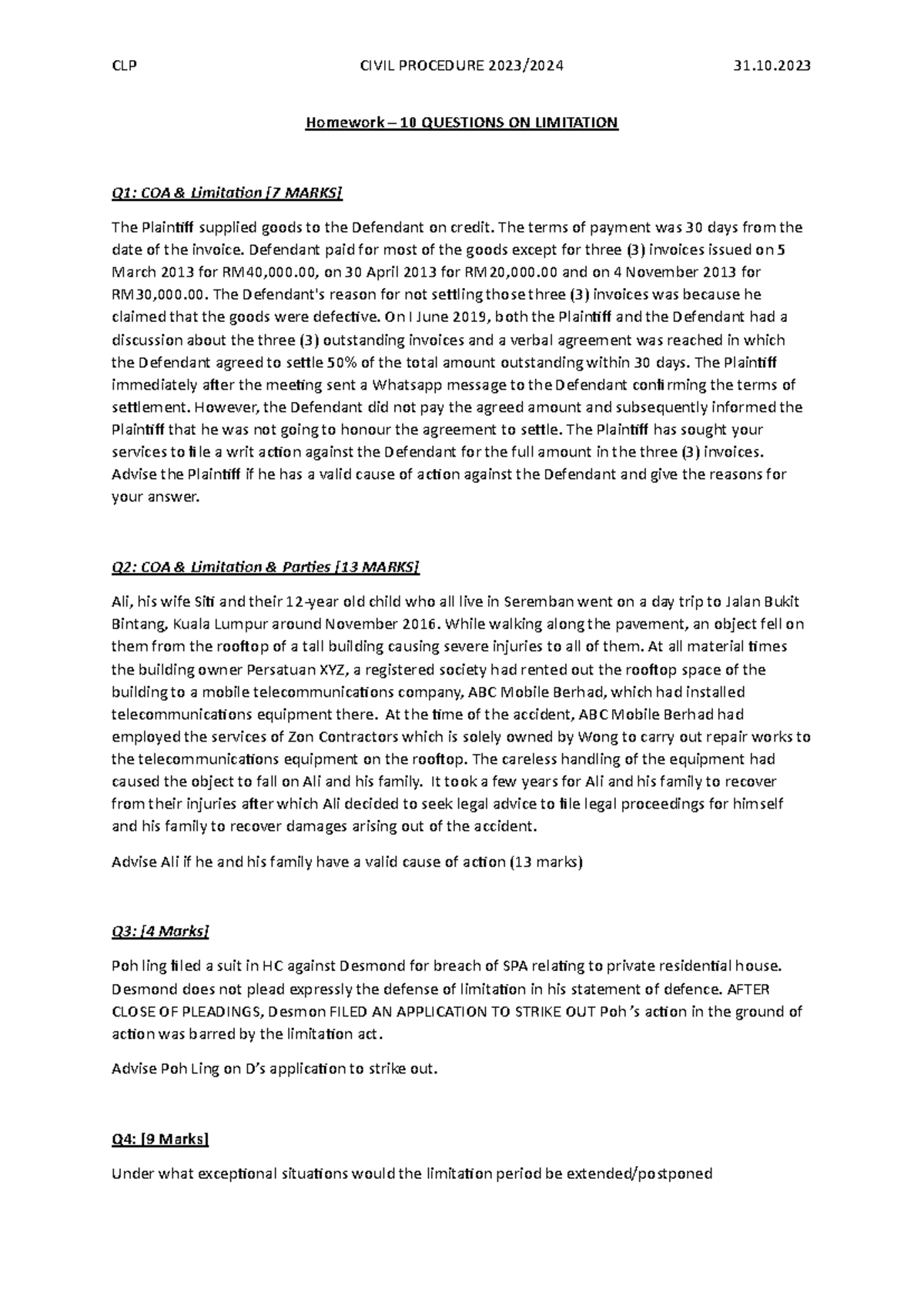 Homework -Limitation - notes - CLP CIVIL PROCEDURE 2023/2024 31. 1 0 ...