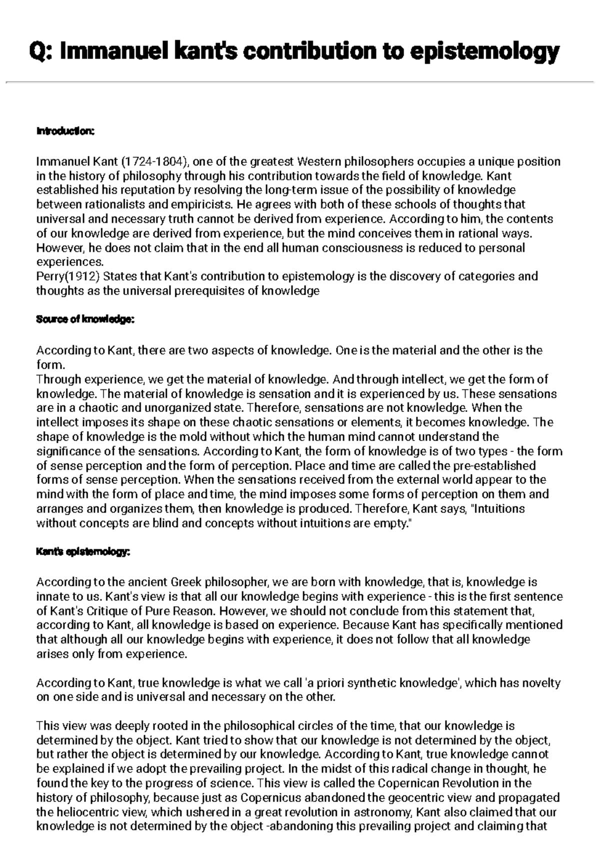 K: Kant's Epistemology: Understanding Knowledge and Its Forms - Studocu