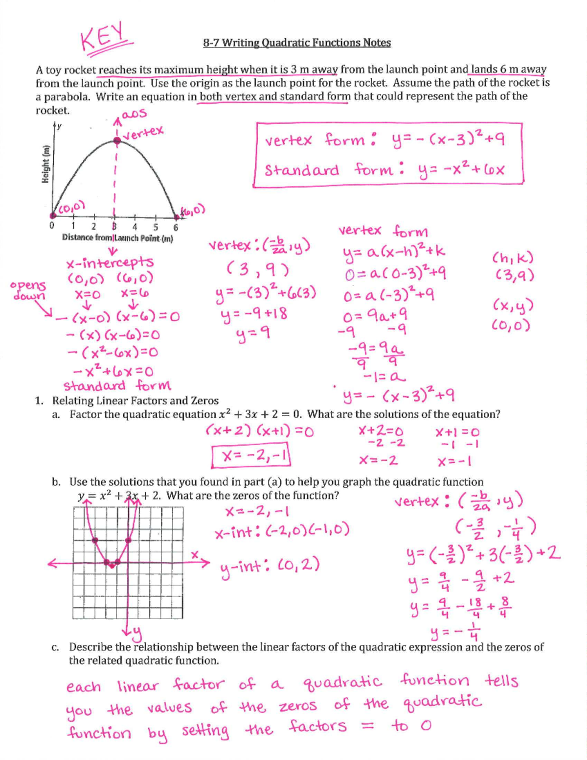 8-7 Quadratic Functions Writing Notes & Key - Studocu